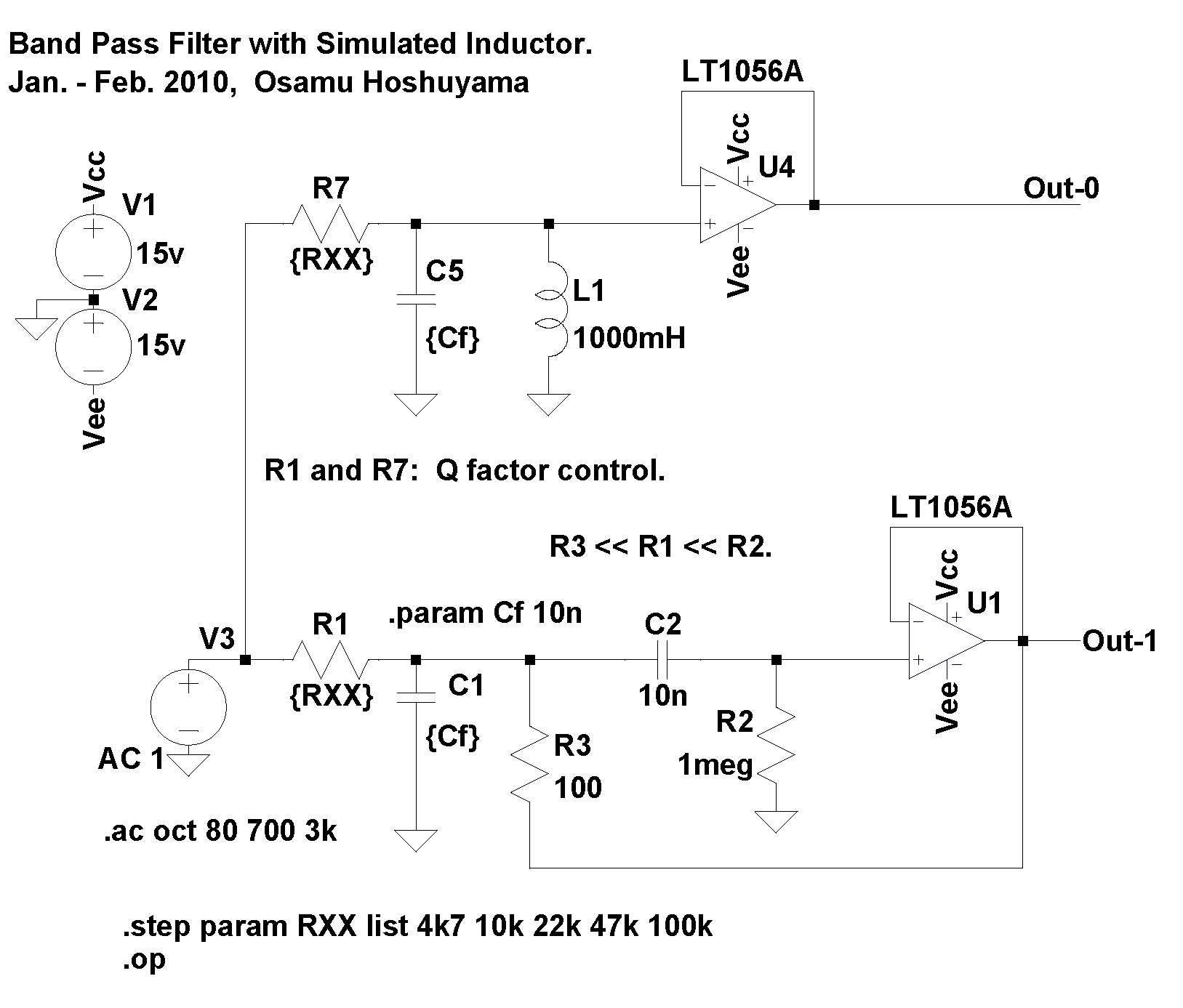 Band Pass Filter Using Simulated Inductor: アナログ電子楽器の回路を読む2